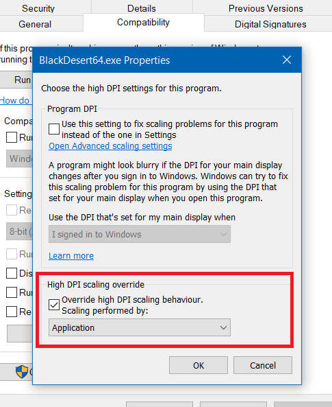 [Bug Reports] BDO changes "Override high DPI scaling behaviour" every time | Black Desert NA/EU